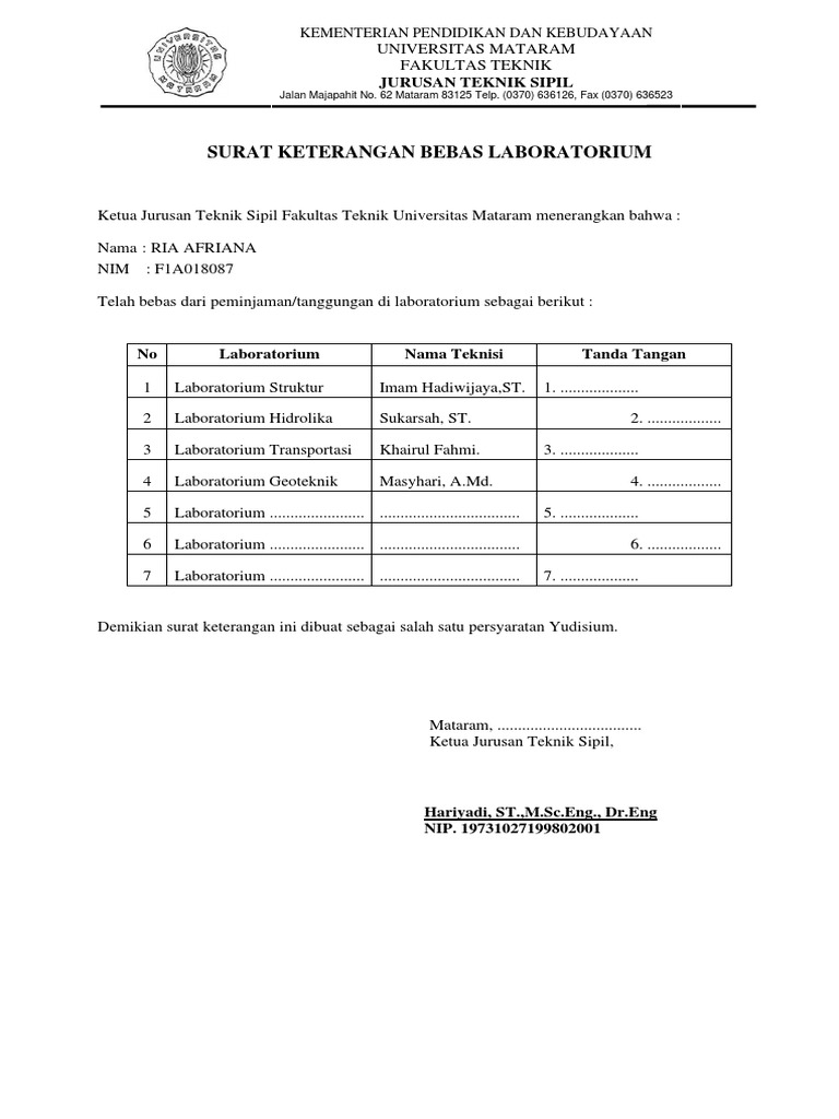 Surat Keterangan Bebas Laboratorium: Jurusan Teknik Sipil | PDF