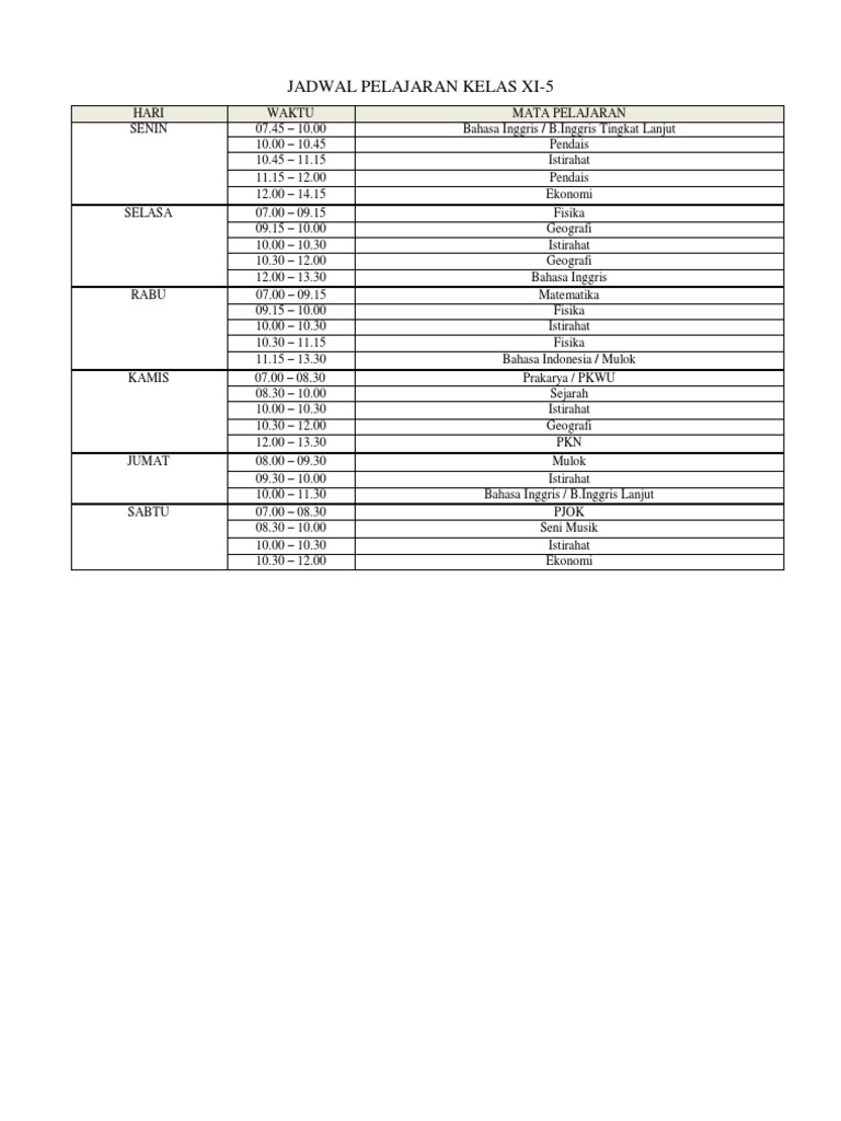Jadwal Pelajaran Kelas Xi | PDF