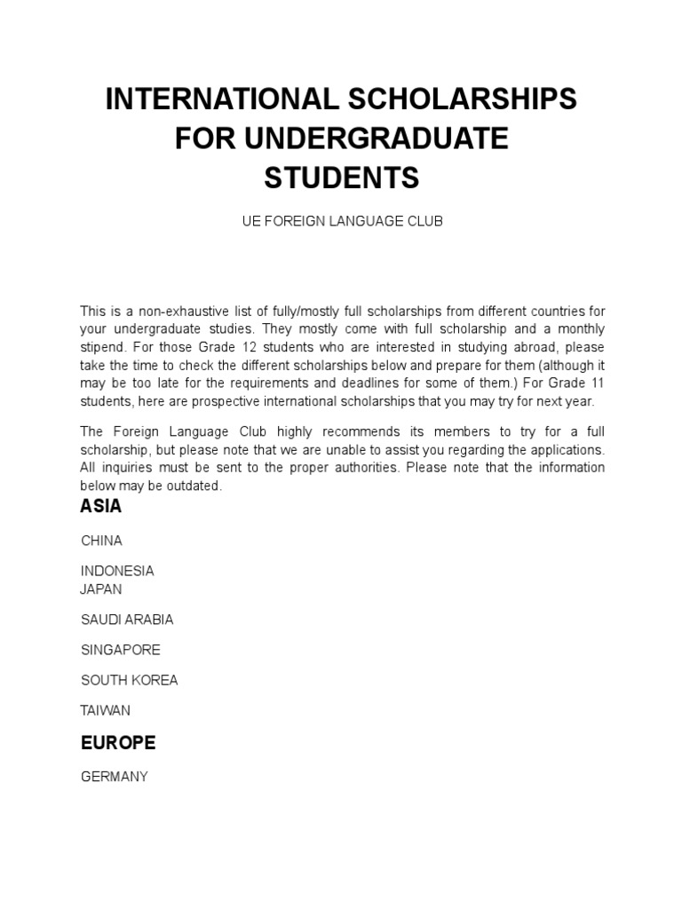 International Scholarships For Undergraduate Students | PDF | Travel
