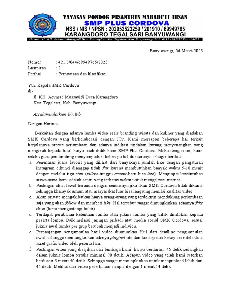 Surat Komplain Panitia SMK | PDF