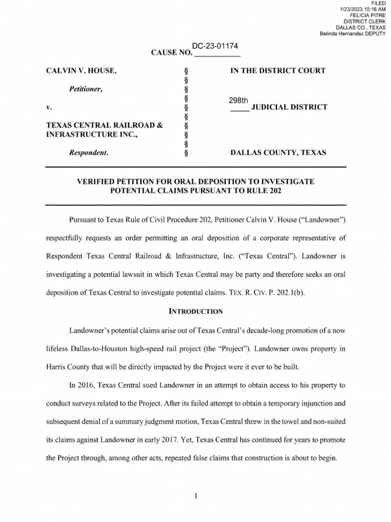 Texas Central Rail Deposition Request | PDF | Lawsuit | Deposition (Law)