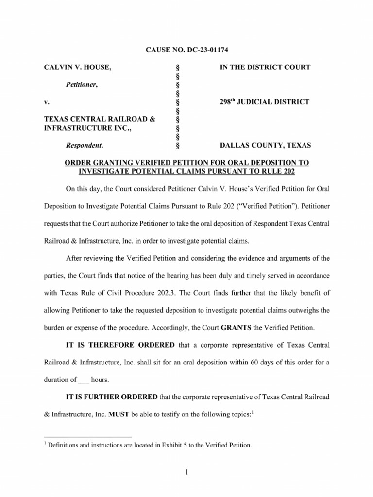 Texas Central Dallas County Proposed Order On Rule 202 | PDF | Eminent ...