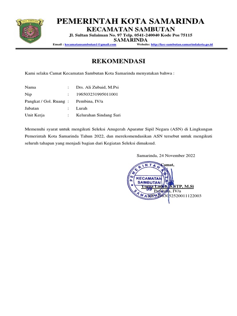 Rekomendasi ASN Kecamatan Sambutan 2022 | PDF