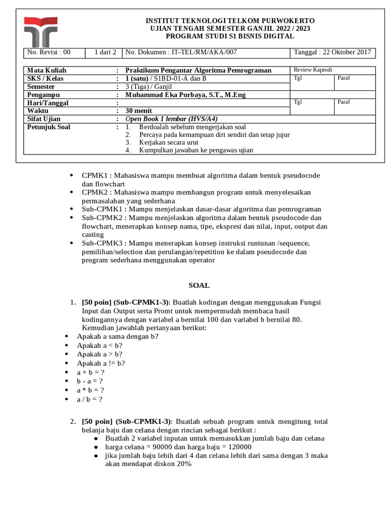 Soal Uts Ganjil 2022-2023 Praktikum Alpro S1BD B | PDF
