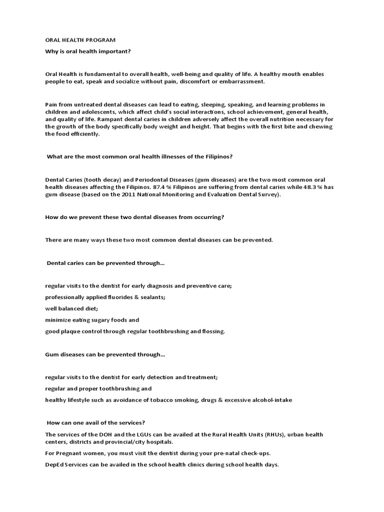 Oral Health Program | PDF | Oral Hygiene | Clinical Medicine