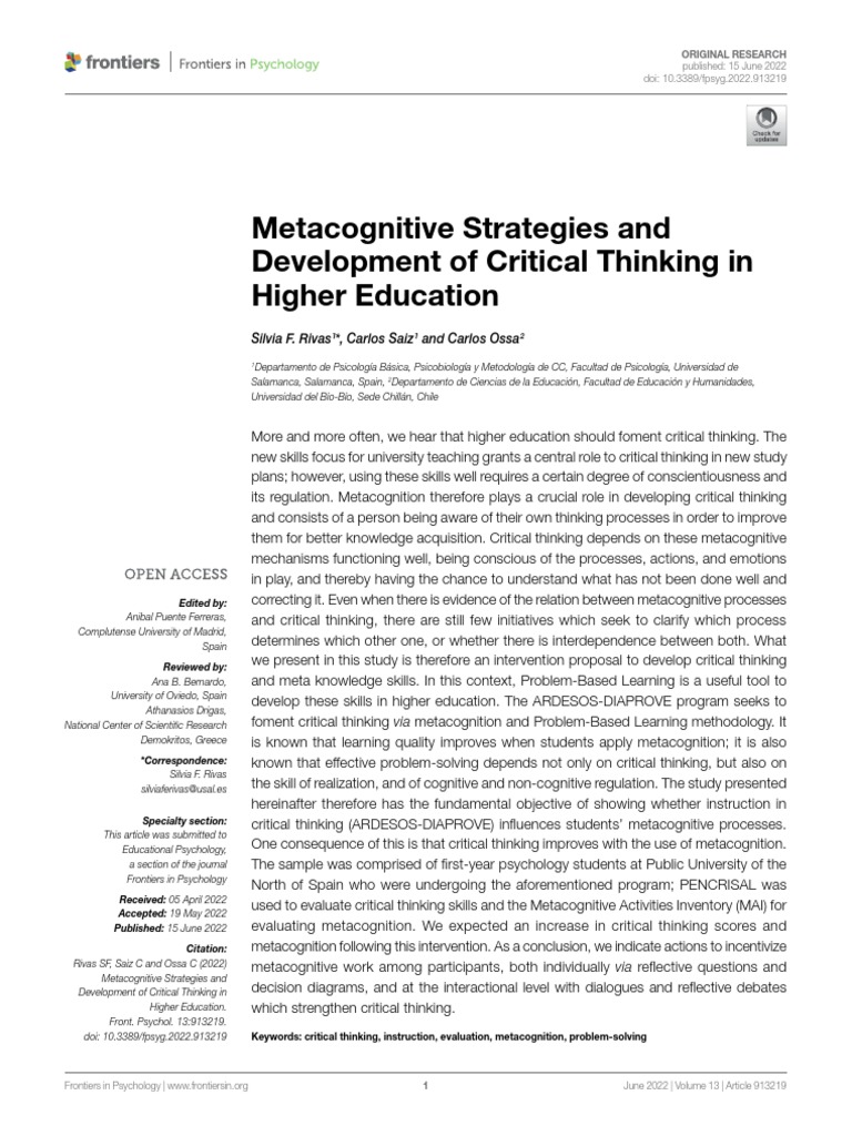 Metacognitive Strategies And Development Of Critic Pdf Metacognition Critical Thinking