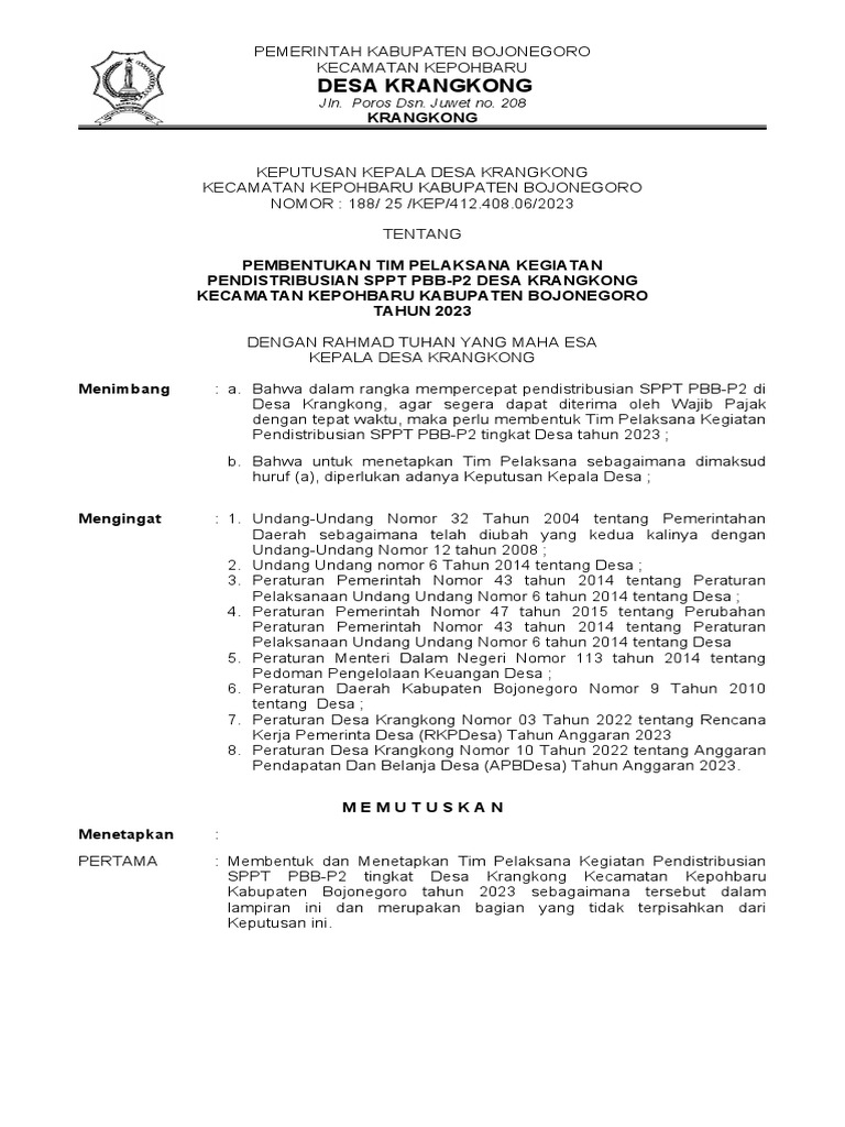 SK Timlak Distribusi SPPT PBB P2 | PDF