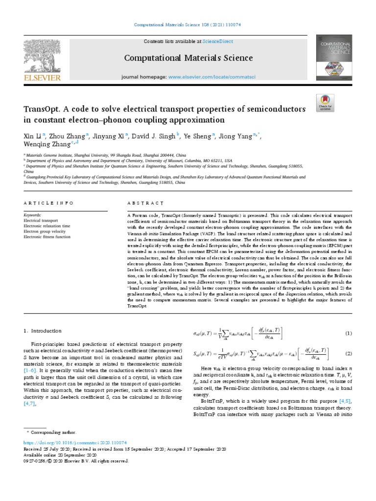 TransOpt. A code to solve electrical transport | PDF | Thermal ...