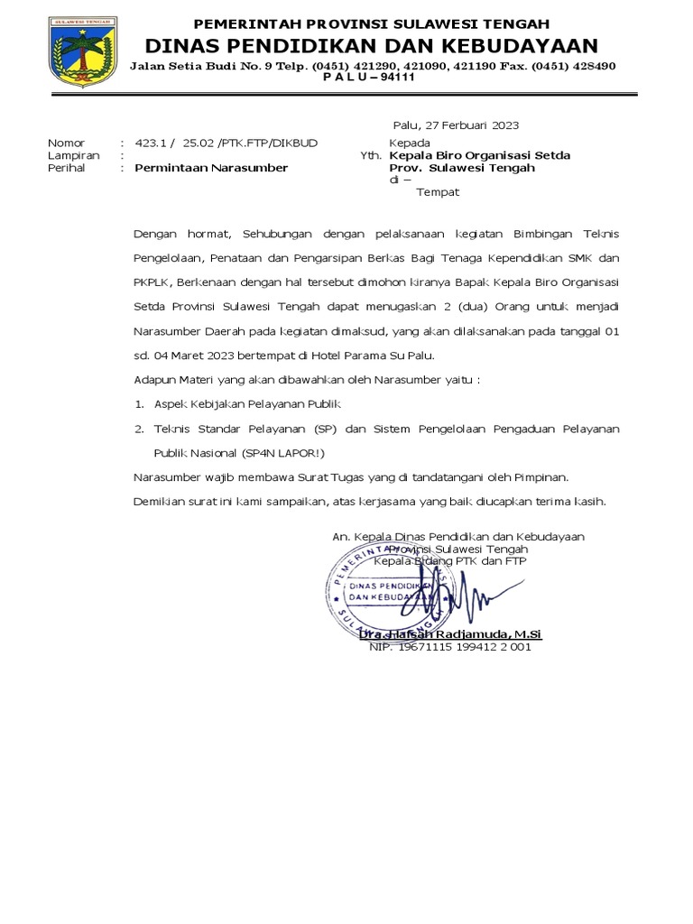 Surat Permintaan Narasumber Biro Organisasi Setda Prov. Sulteng PDF | PDF