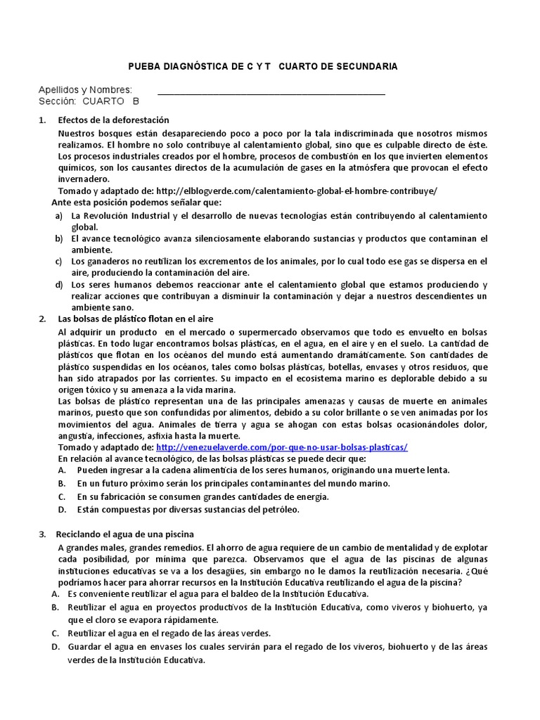 Evaluación Diagnóstica De C Y T 4° B Pdf Agua Vegetales