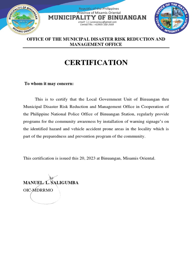 Certification MDRRMO | PDF