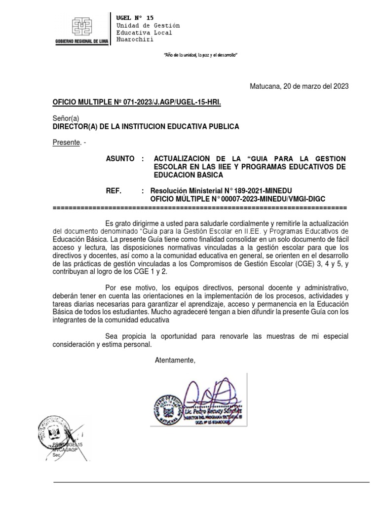 Oficio Multiple 071-2023-UGEL15 Guia de Gestion Escolar 2023 | PDF | Plan de estudios | Pedagogía