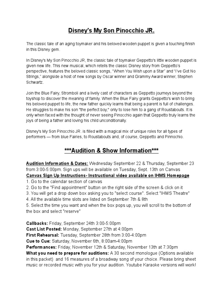 Pinocchio Audition Guide | PDF | Pinocchio