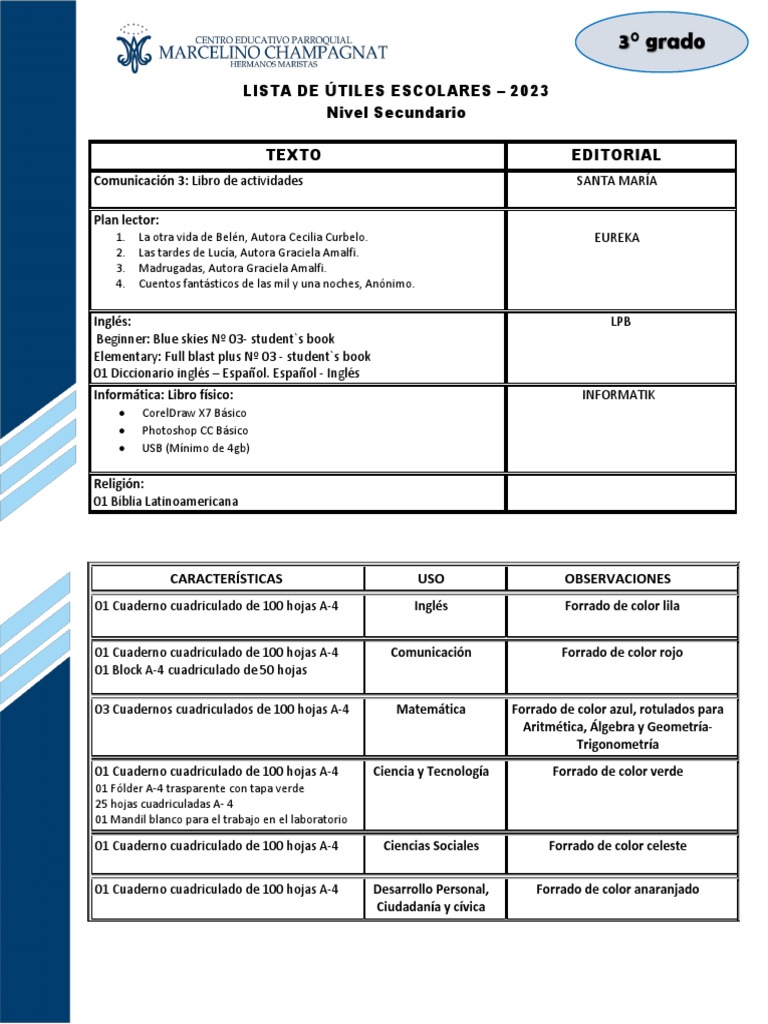 Lista Útiles Escolares 3° Grado 2023 | PDF | Instrumentos musicales ...