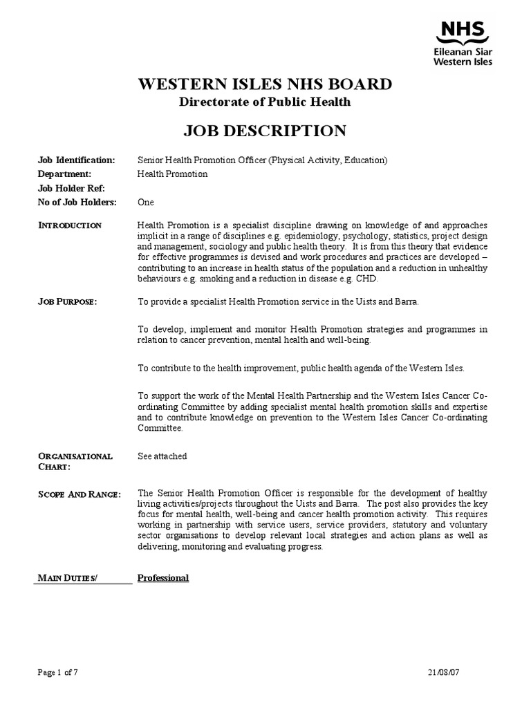 Senior Health Promotion Officer Role | PDF | Health Promotion ...