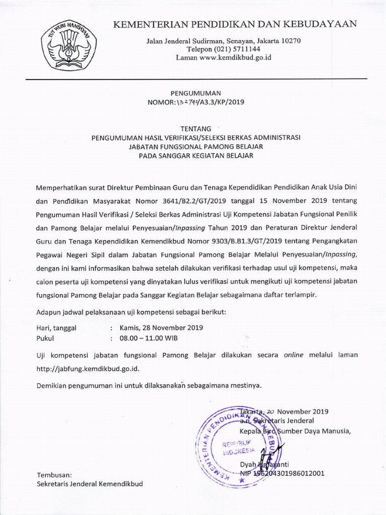 Pengumuman Hasil Verifikasi Berkas Jabfung Pamong Belajar PDF | PDF