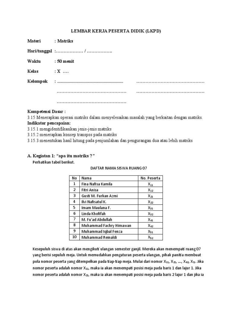 LEMBAR KERJA SISWA LKS Materi Matriks | PDF