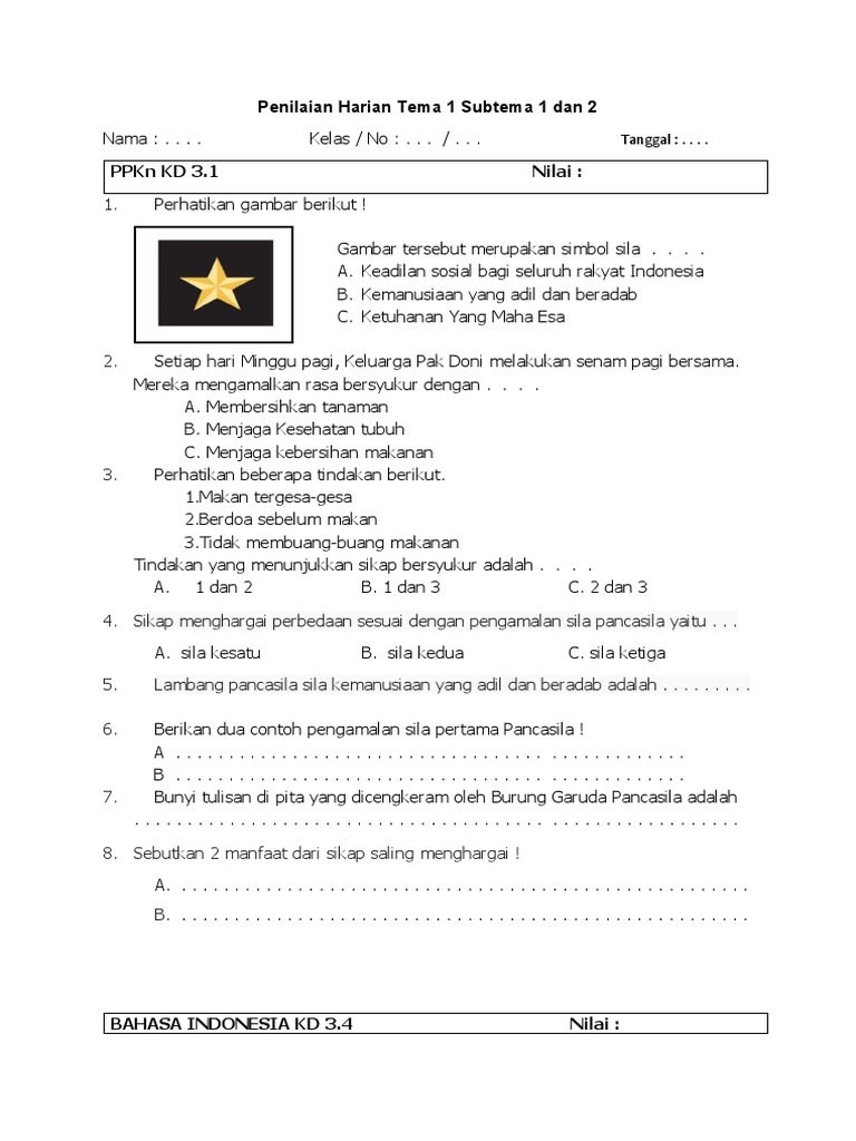 k3g - Penilaian Harian Tema 1 Subtema 1 Dan 2 | PDF