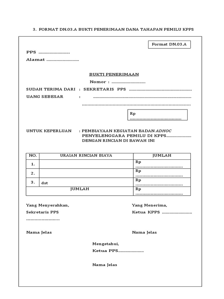 Format DN.03.A-bukti Penyerahan Dana Ke Kpps | PDF