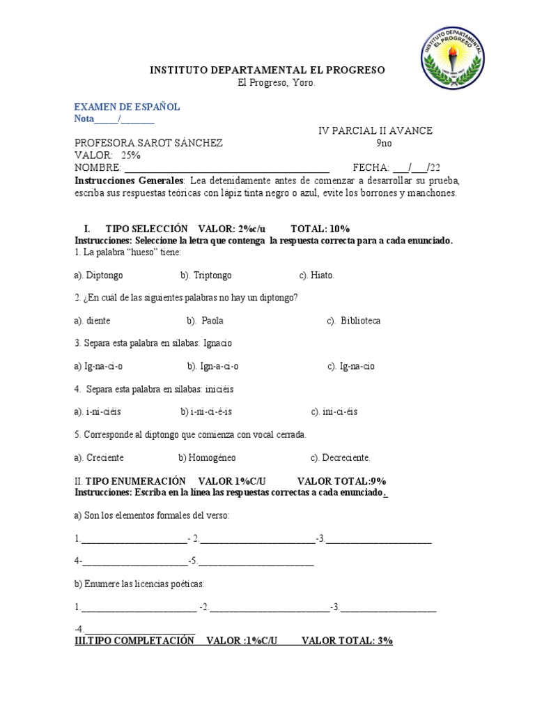 Examen de Español 9no Grado Yoro | PDF | Sílaba | Fonética