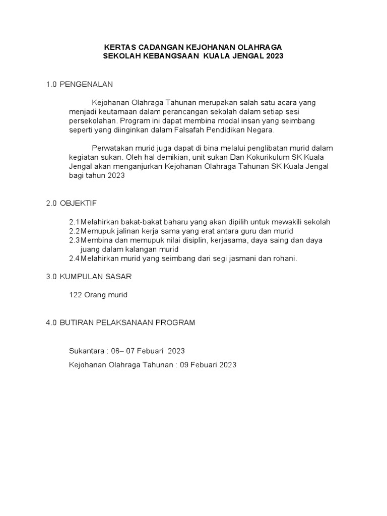KERTAS CADANGAN KEJOHANAN OLAHRAGA 2022-Edit PKKO | PDF