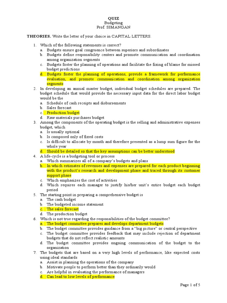 Budgeting Quiz Answer Key | PDF | Budget | Expense