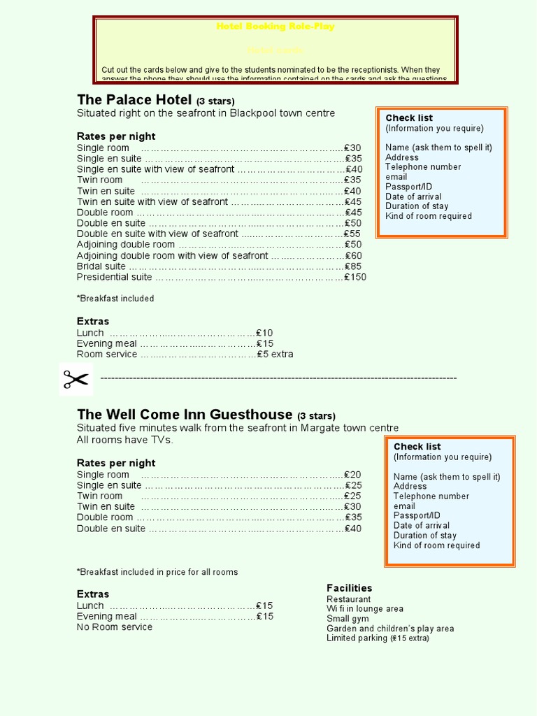 Hotel Booking Role-Play Guide | PDF | Cuisine | Hospitality Industry