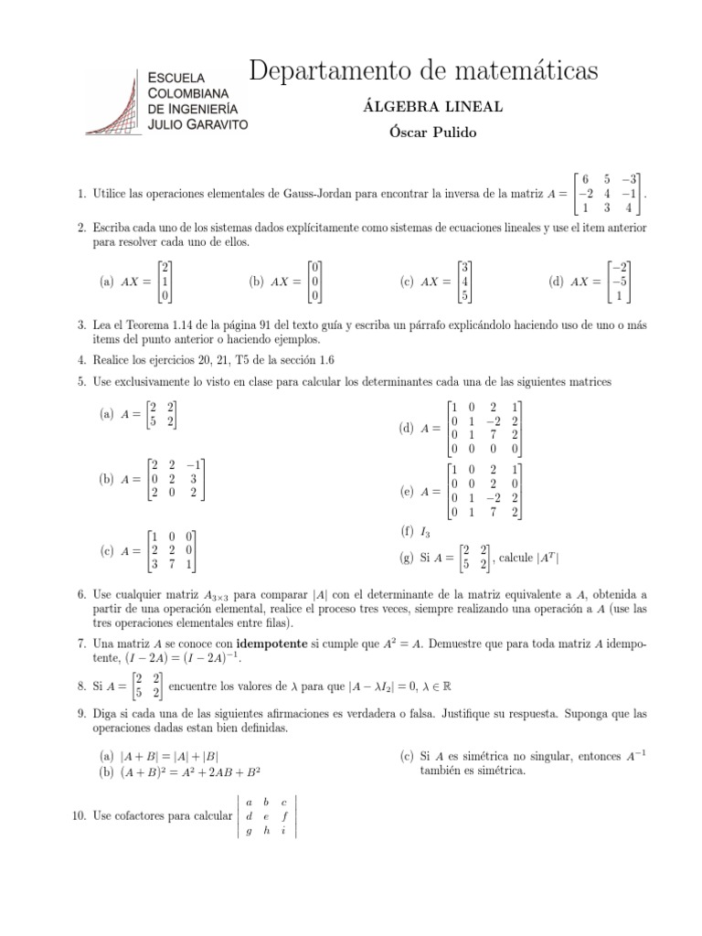 Departamento de Matem Aticas: Algebra Lineal Oscar Pulido | PDF | Determinante | Matriz ...