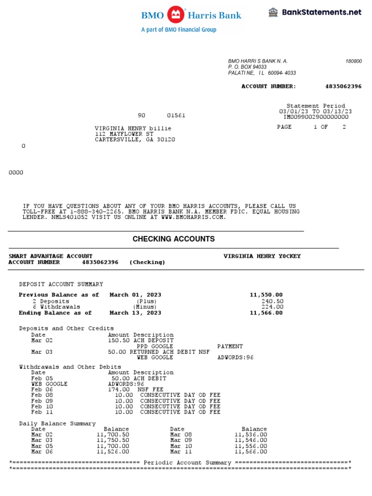 BMO Harris Bank Statement 03/01-03/13/23 | PDF | Credit Card | Interest