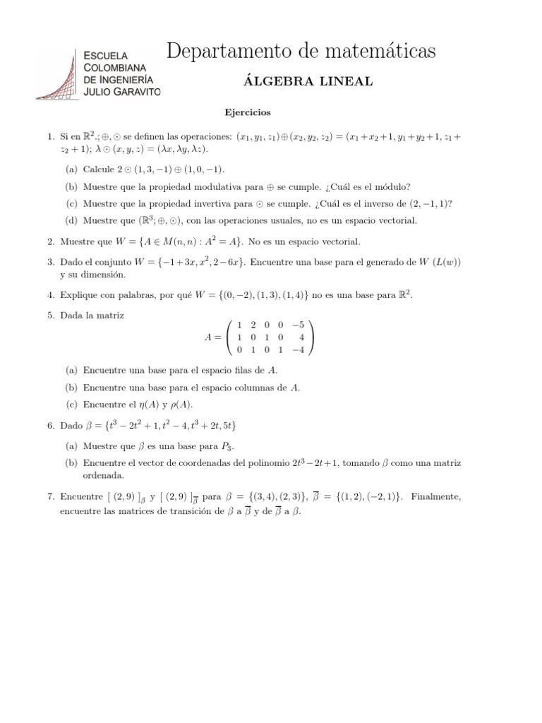 Departamento de Matem Aticas: Algebra Lineal | PDF | Métodos y ...