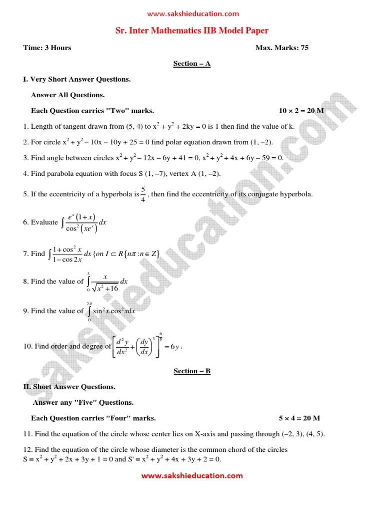 Sr. Inter Mathematics IIB Model Paper: e X DX Xe | PDF | Ellipse | Analytic Geometry