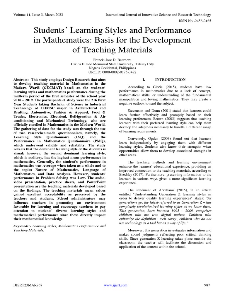 Students' Learning Styles and Performance in Mathematics Basis For The ... Students' Learning Styles and Performance in Mathematics Basis For The ...