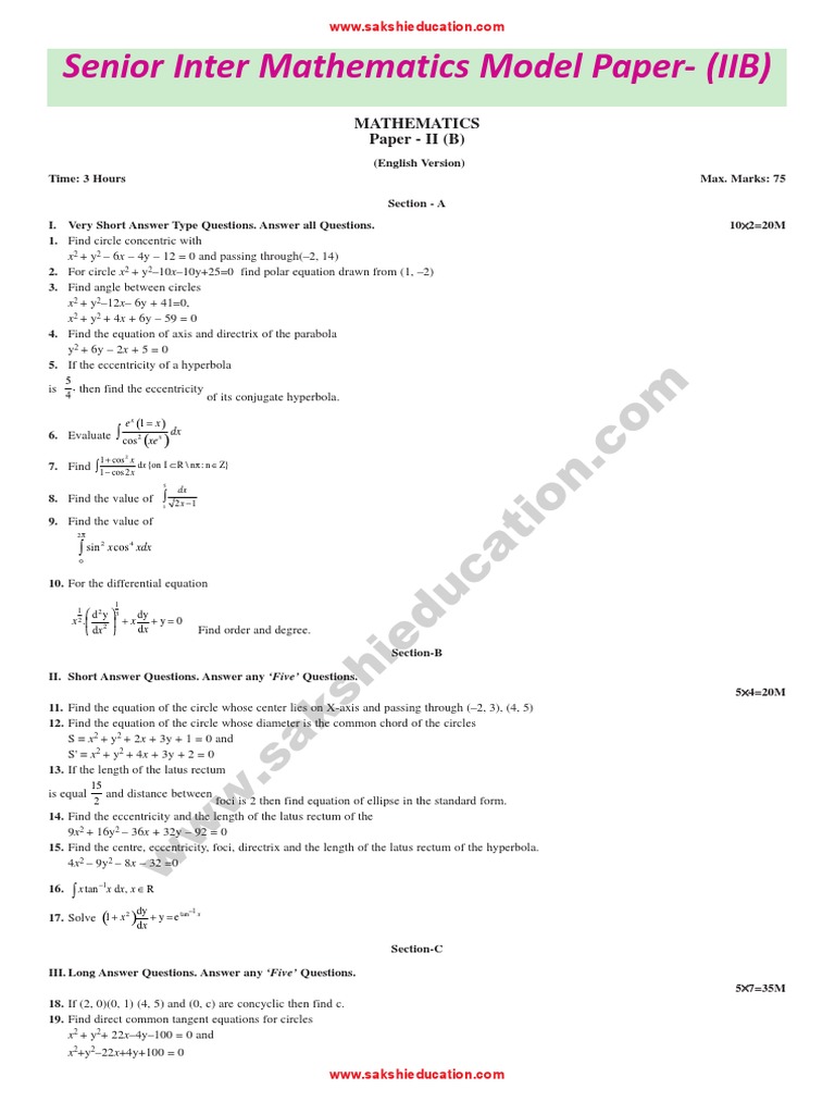 Senior Inter Mathematics Model Paper - (IIB) | Download Free PDF ...