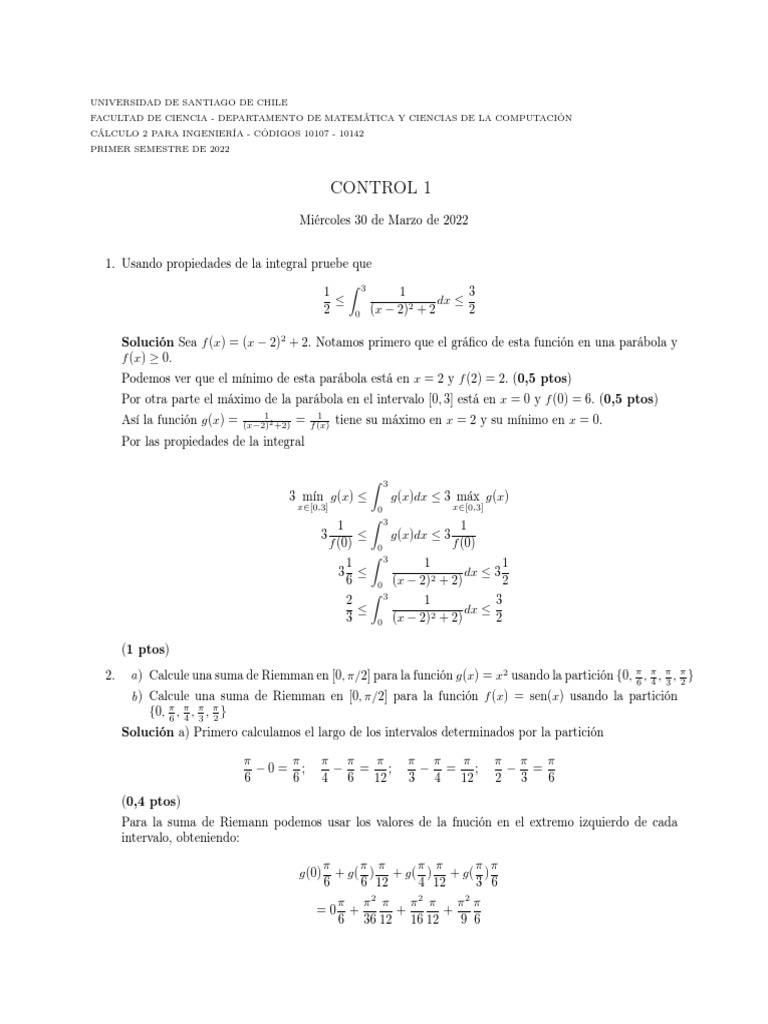 Pauta Control 1, Cáculo 2 - 2022s1 PDF | PDF | Integral | Objetos matemáticos