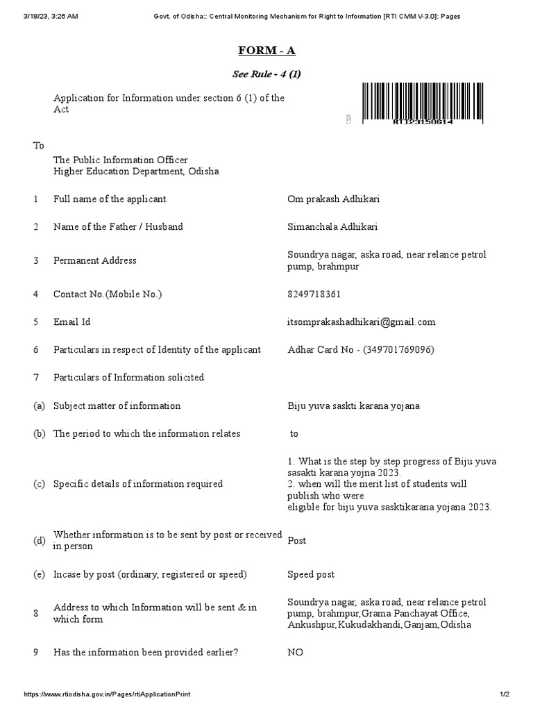 Govt. of Odisha - Central Monitoring Mechanism For Right To Information ...