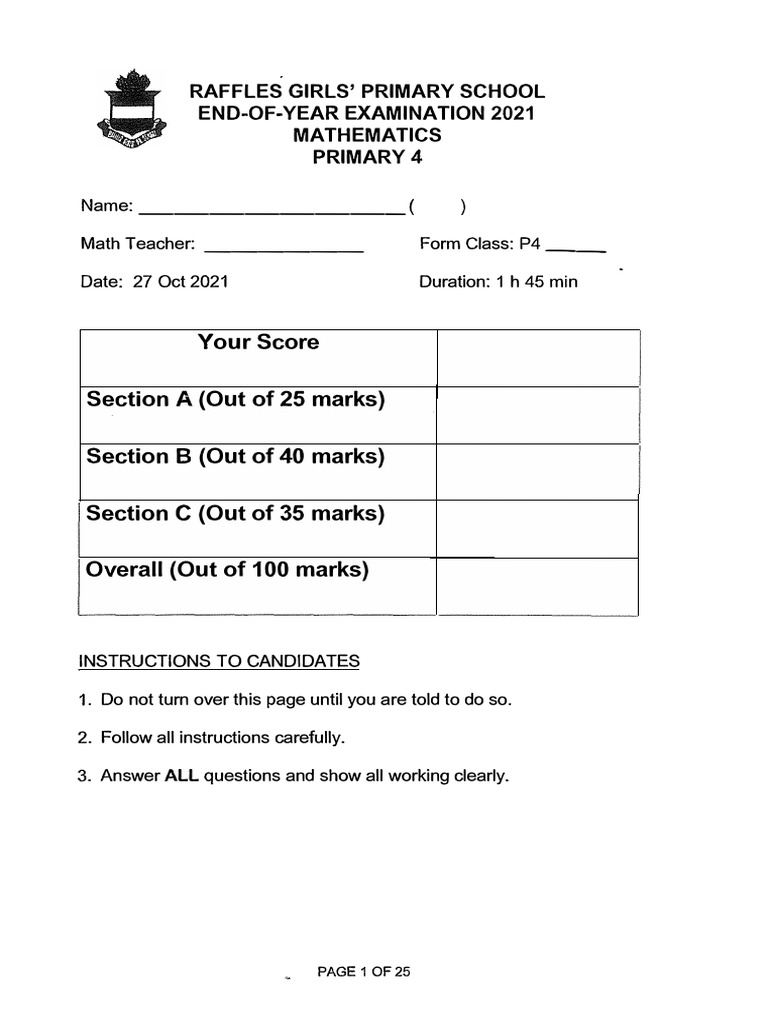 P4 Maths SA2 2021 Raffles Exam Papers | PDF