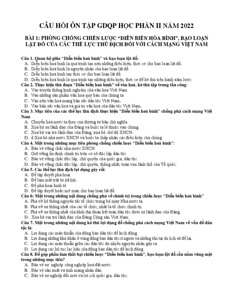 HP2- CÂU HỎI TRẮC NGHIỆM HP II 2022 - KO ĐÁP ÁN 123 PDF | PDF