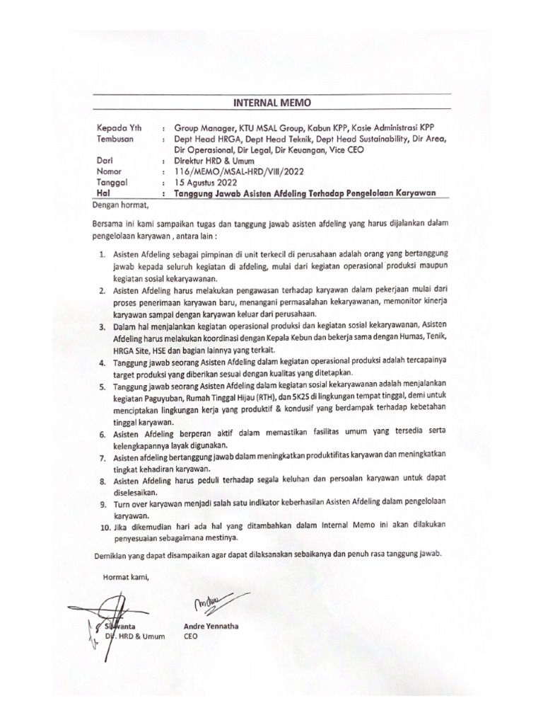 Internal Memo Tanggung Jawab Asisten Afdeling Terhadap Pengelolaan Karyawan | PDF