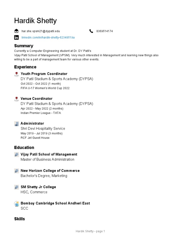 Resume Hardik Shetty PDF | PDF