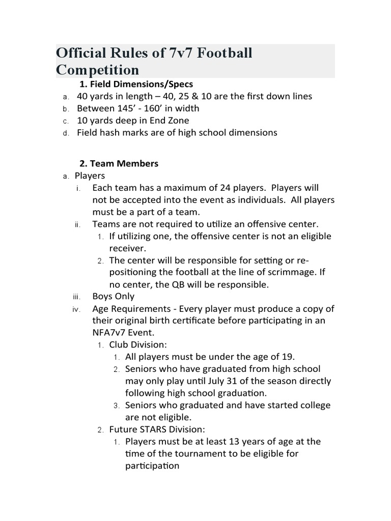 Official Rules of 7v7 Football Competition NFA7V7 | PDF | American ...