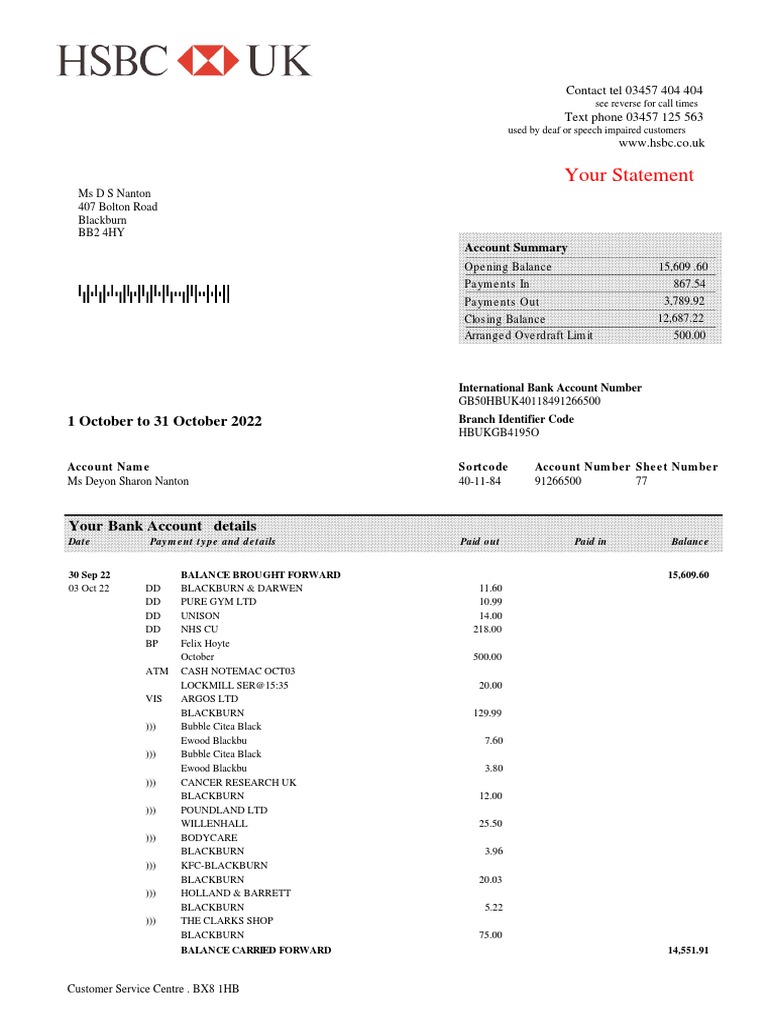 2022 10 31 - Statement | Download Free PDF | Overdraft | Transaction Account