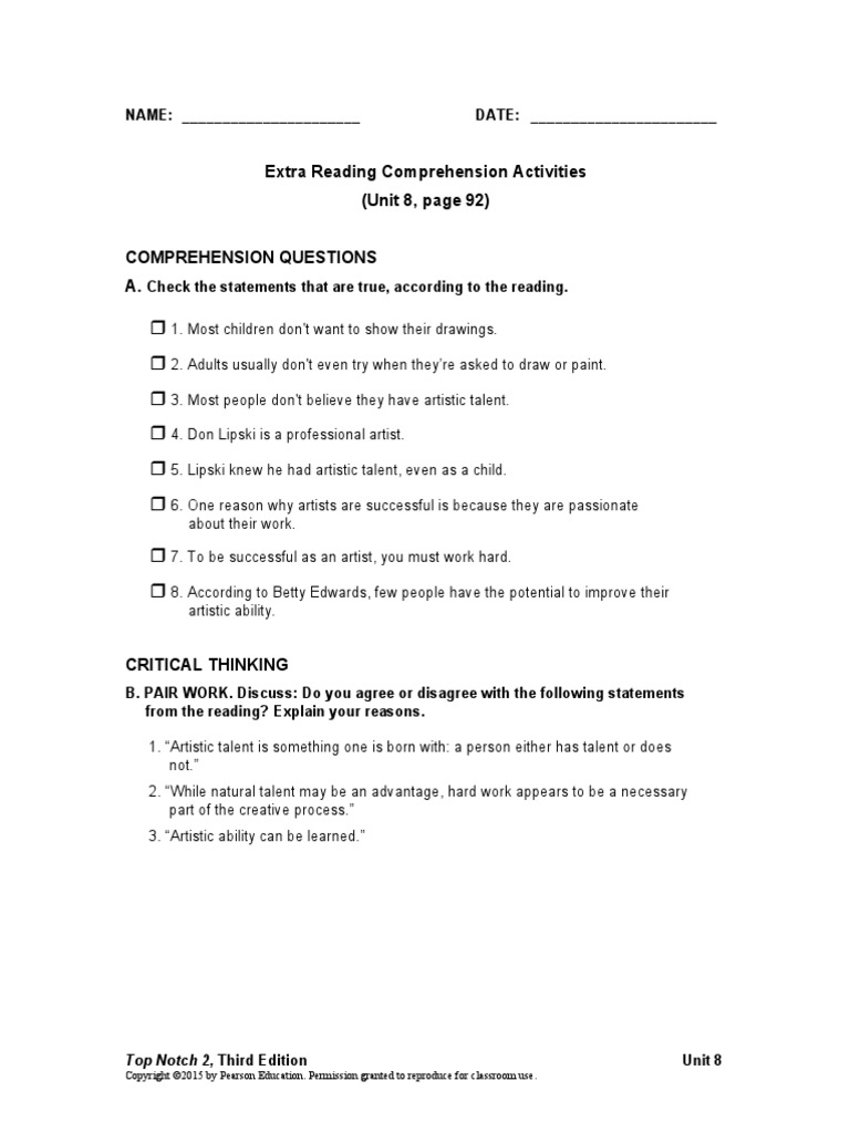 Extra Reading Comprehension Activities (Unit 8, Page 92) : NAME: - DATE ...