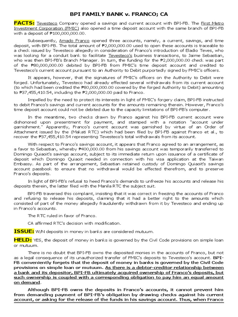 Bpi V Franco | PDF | Transaction Account | Cheque