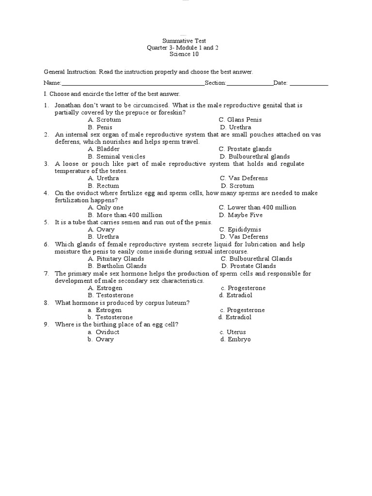 Science 10 Summative Test 1 | PDF | Reproductive System | Menstrual Cycle