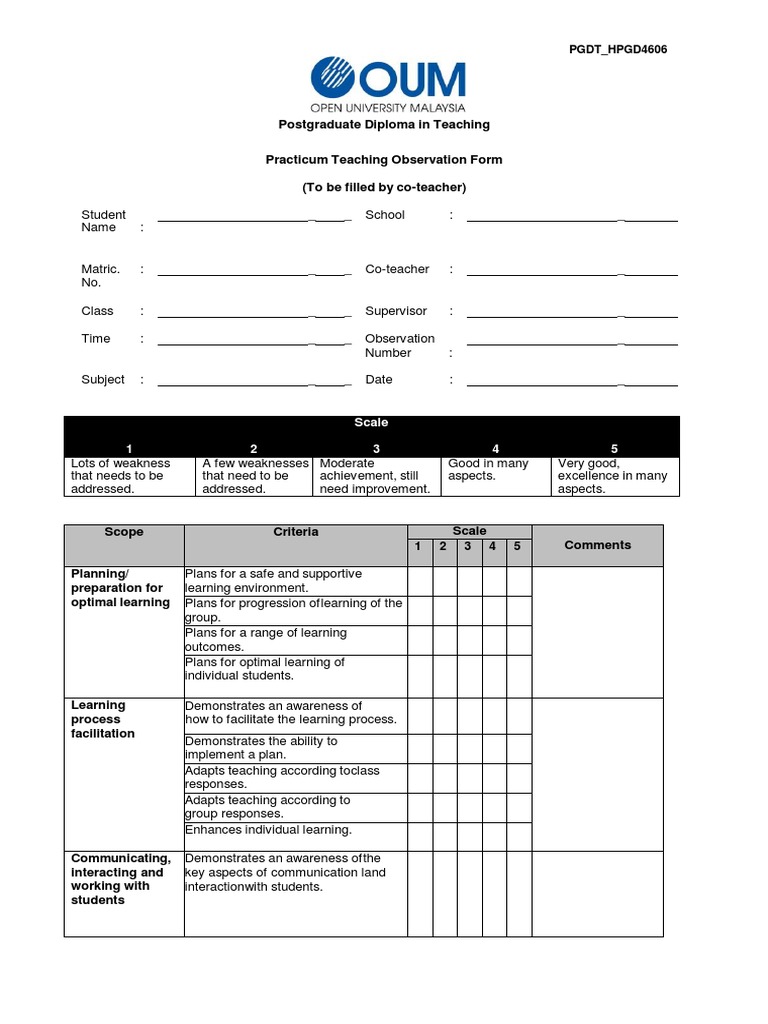 PGDT Observation Form (Co-Teacher) | PDF | Learning | Teachers