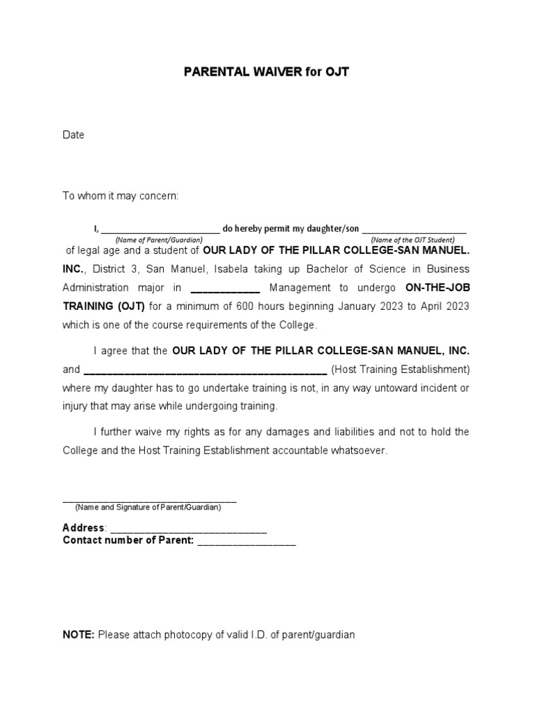 Parental Waiver For Ojt | PDF
