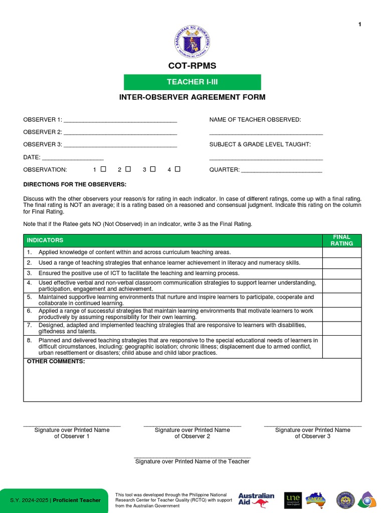 (Appendix C-11) COT-RPMS Inter-Observer Agreement Form For T I-III For ...