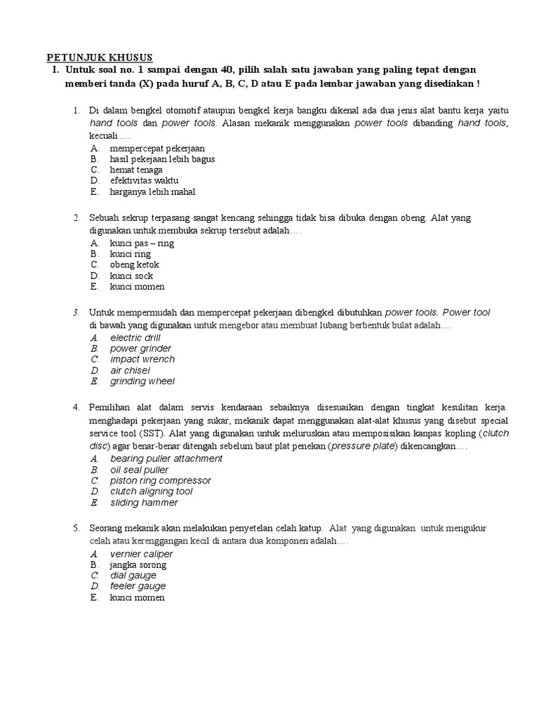 Soal Dasar Dasar KoMpetensi Keahlian TBSM | PDF