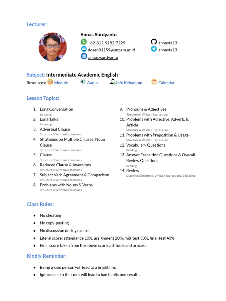 Intermediate Academic English Course Guide | PDF