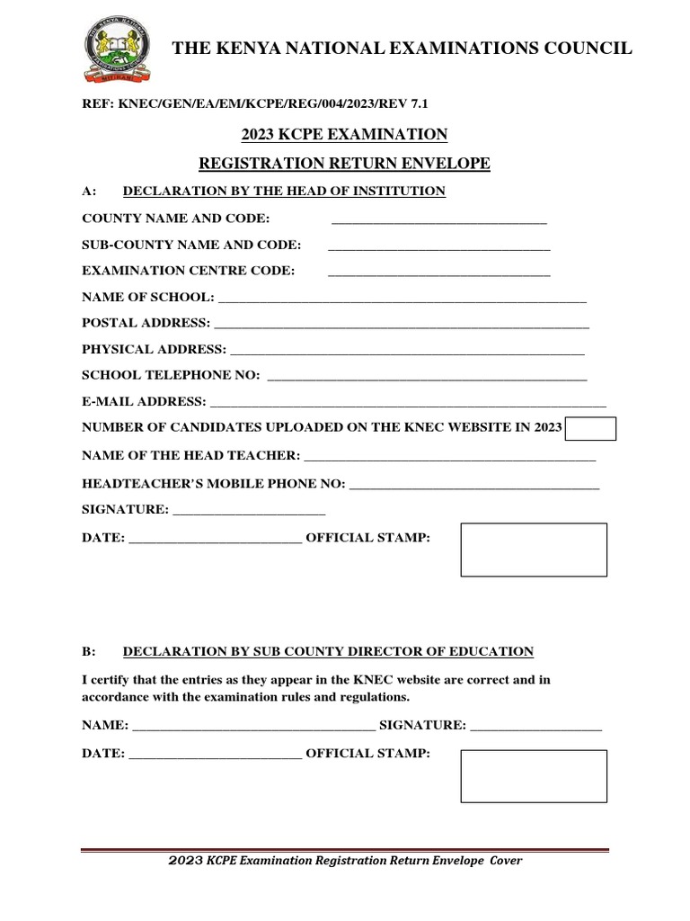 2023 KCPE Return Envelope PDF | PDF